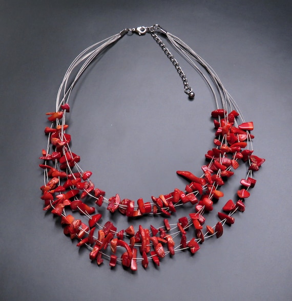 Vintage Red Coral Strand Necklace Three Strand Red Coral Necklace With