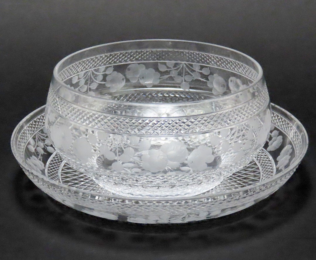 Lovely American or English Intaglio Cut Glass Rose Garland Bowl and ...