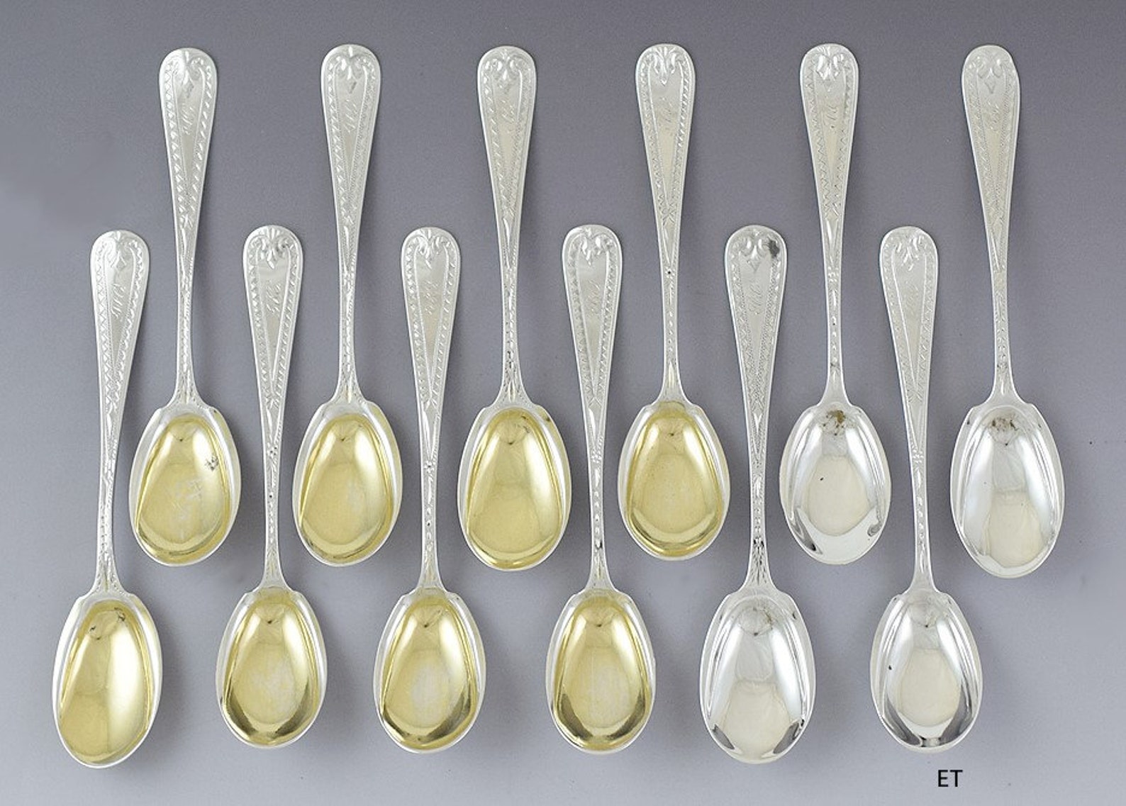 Great Set 12 Antique American Sterling Silver Bright Cut Dessert Spoons ...