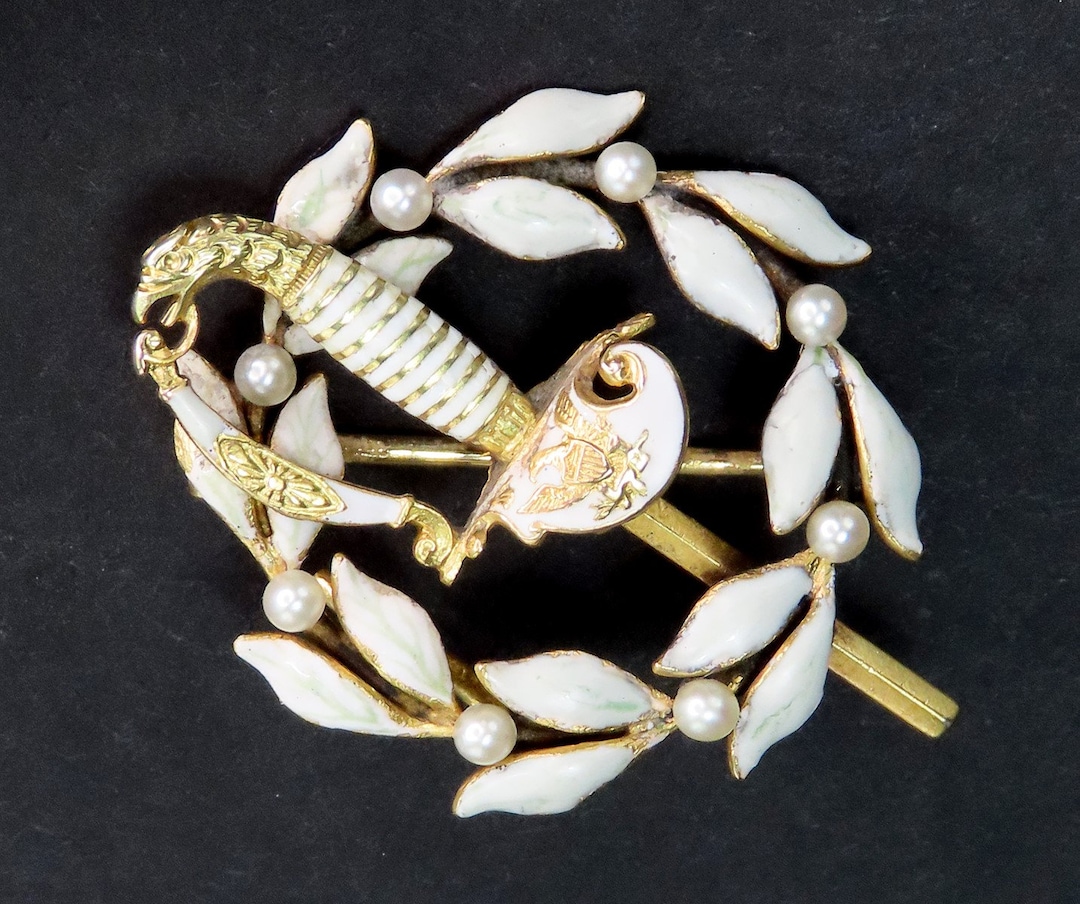 Antique 14k Gold Pearl Enamel Laurel Wreath Officer's Sword Eagle Pin ...