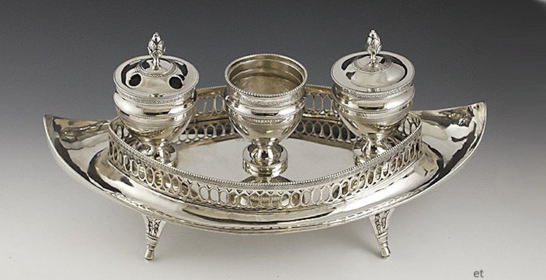 Antique Mid 1800s German Silver Footed Inkwell Pen Holder Desk Set - Etsy