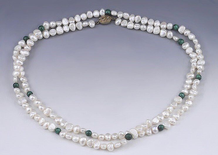 Lovely Chinese Natural Pearl and Green Malachite Bead Necklace | Etsy