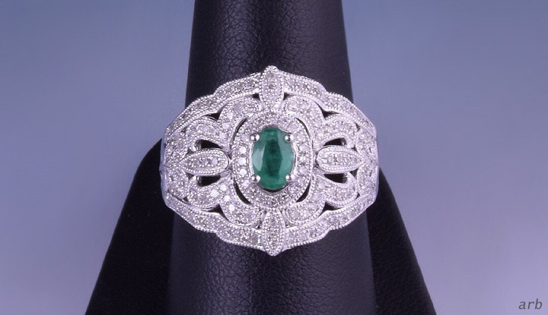Stunning Chinese Sterling Silver Ring Set W/ Diamonds and Emerald, Sz 8 ...