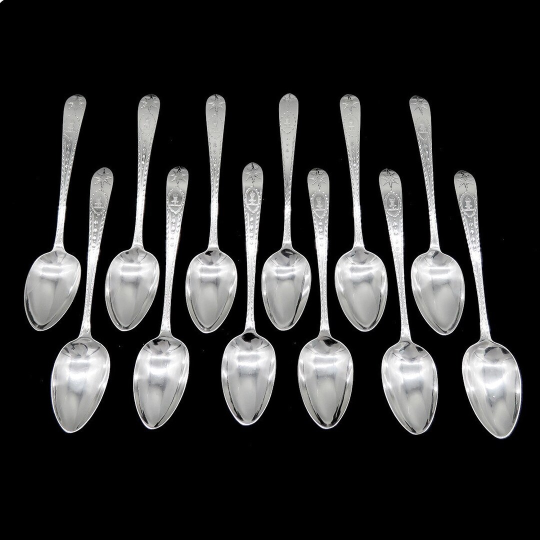 12 1801 Sterling Silver Irish Star Dessert or Place Spoons W Hopkins ...