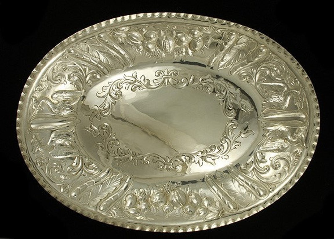 Antique English 1809 Georgian Sterling Silver Peacock Repousse Dish 12. ...