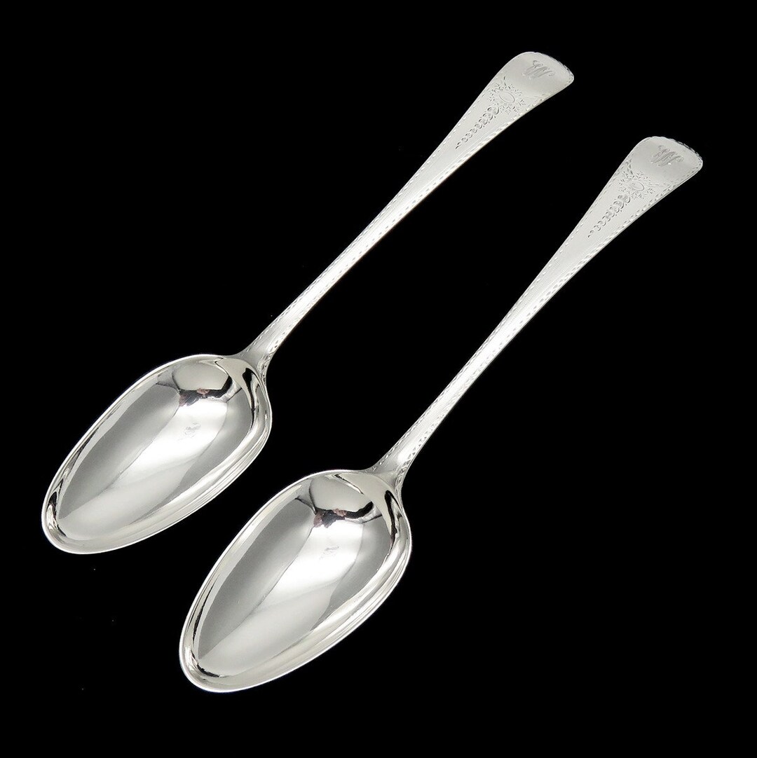 1783 Antique English Sterling Silver Serving Spoon Pair W Monogram 8 1/ ...