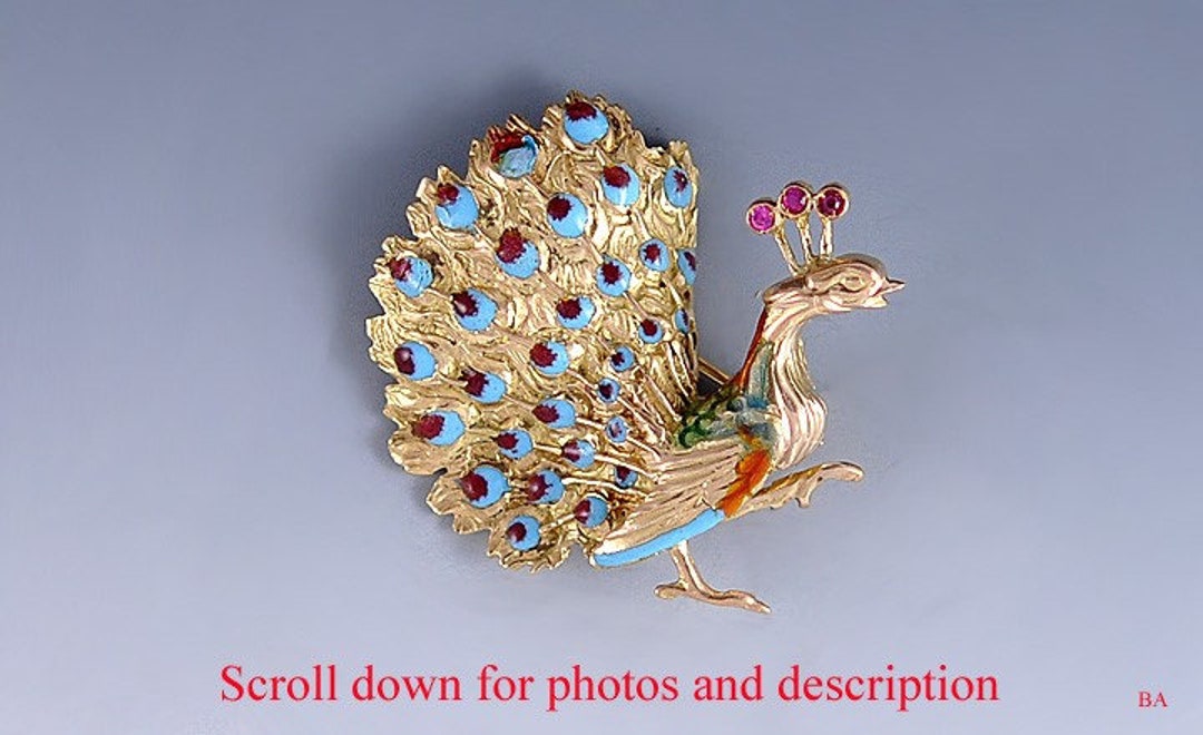 Pretty 18k Gold Colorful Enameled Peacock Pin Brooch - Etsy