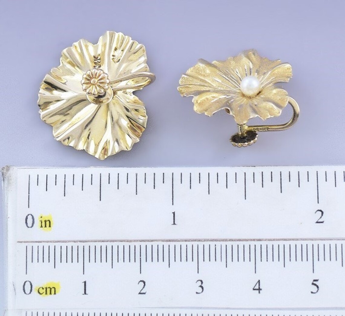 Fab Pair VTG 14k Yellow Gold Pearl Lilypad Lily Pad Leaf Screwback ...