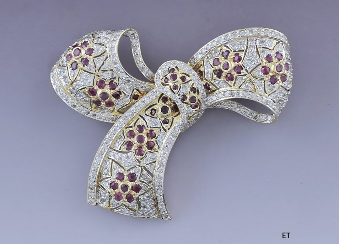 Stunning 18k White & Yellow Gold Diamond Ruby Ribbon Pin / - Etsy