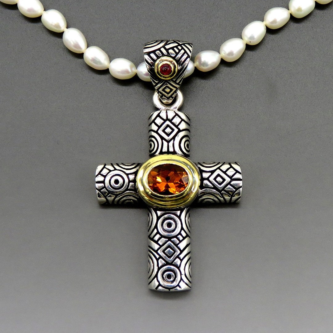 Designer HH Jewels 18K Gold Sterling Silver Citrine Cross Pendant Pearl ...