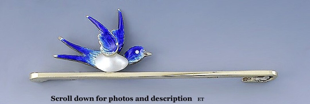 Antique C1900 English 15k Gold Blue Enamel Swallow Sparrow Bird Bar Pin ...