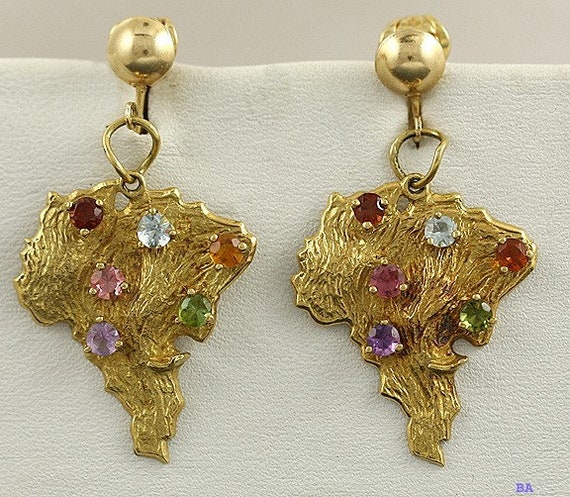 18K Gold Brazil Country Earrings Tourmaline Amethyst … - Gem