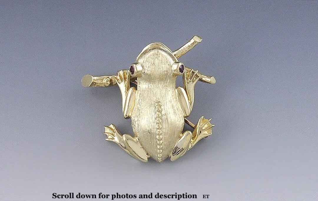Adorable 14k Gold Tree Frog W/ Ruby Eyes on Branch Pin or Small Brooch ...