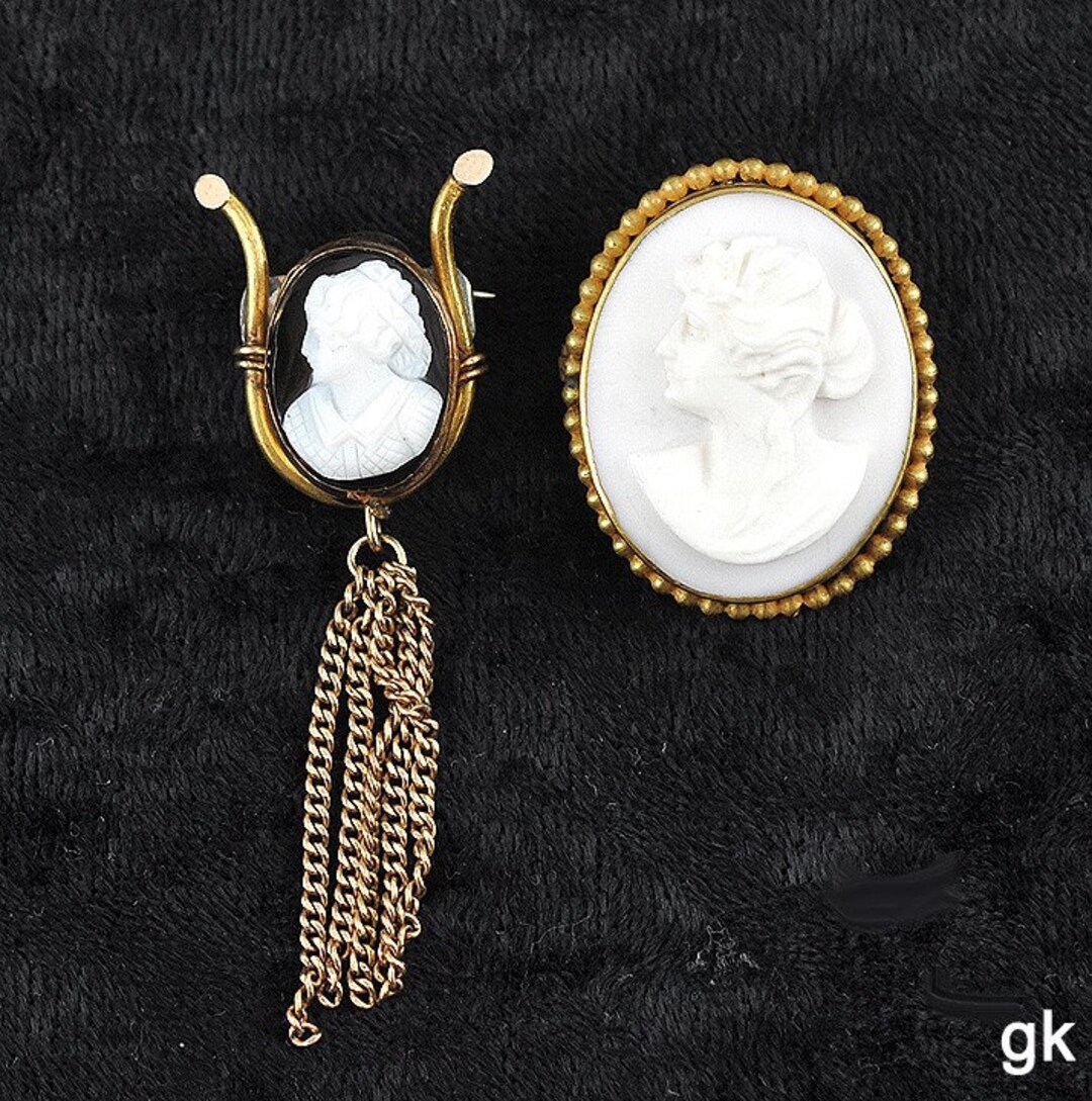 2 Antique Victorian Genuine Left Facing Cameo Gold Filled Pins/brooches ...