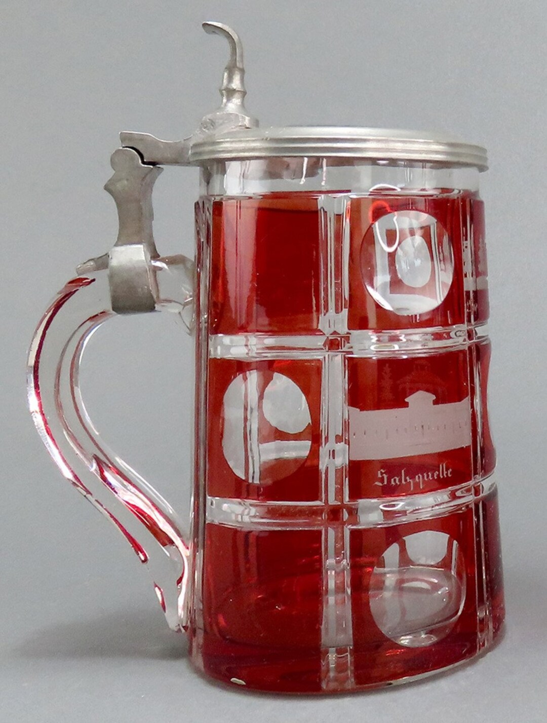 Antique C1860s Czech/bohemian Ruby Red Cut Engraved Glass Pewter Lid ...