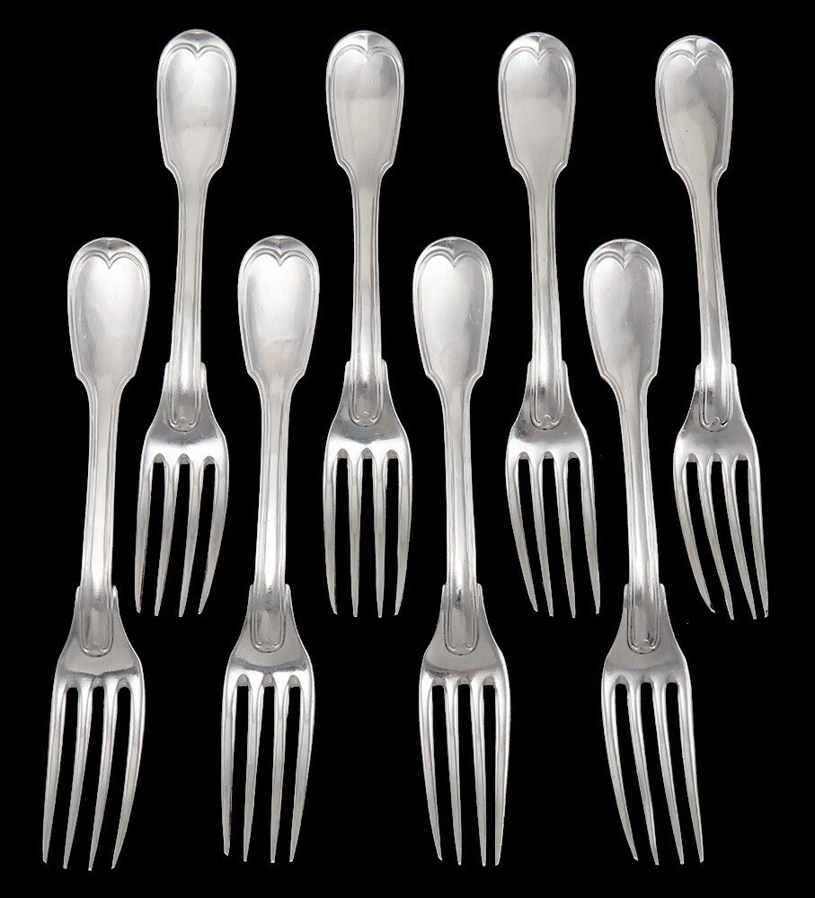 8 French Antique c1815 Sterling 950 Silver Threaded Fiddle Dinner Forks ...