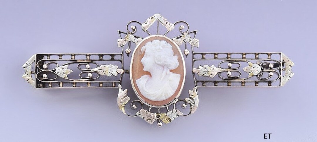 C1870s Elegant Victorian 10k Gold Foliate Filigree Cameo Bar Pin ...