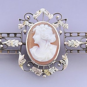 C1870s Elegant Victorian 10k Gold Foliate Filigree Cameo Bar Pin ...