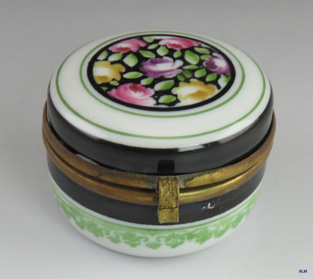 Early 1900's Antique Hand Painted Floral Porcelain and Brass Trinket ...