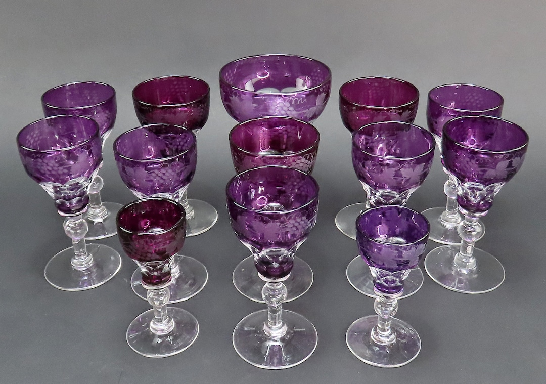 Fine Set 10 Bohemian Amethyst Purple Cut Glass Stem Wine Glasses Grape ...