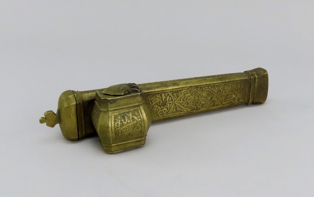 8" Antique Ottoman Turkish Traveling Scribe Brass Box Quill Pen Inkwell ...
