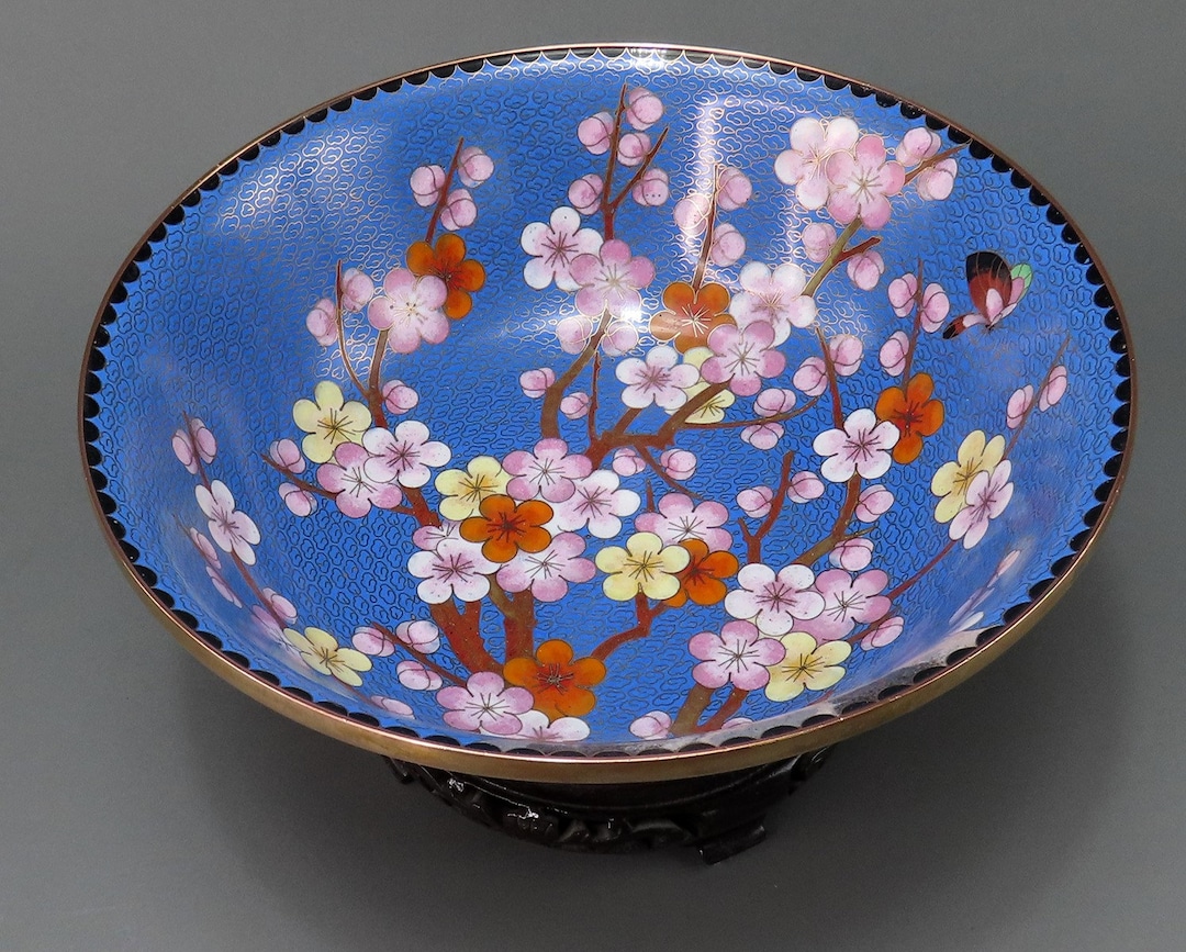 Beautiful Chinese Cloisonne 10" Bowl Prunus Cherry Plum Flowers ...