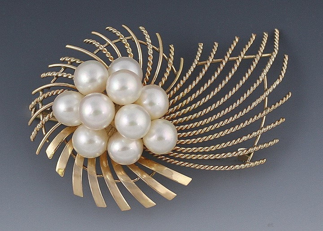 Stylish C1950s Japanese 14k Yellow Gold Big Pearl Cluster Pin Brooch - Etsy