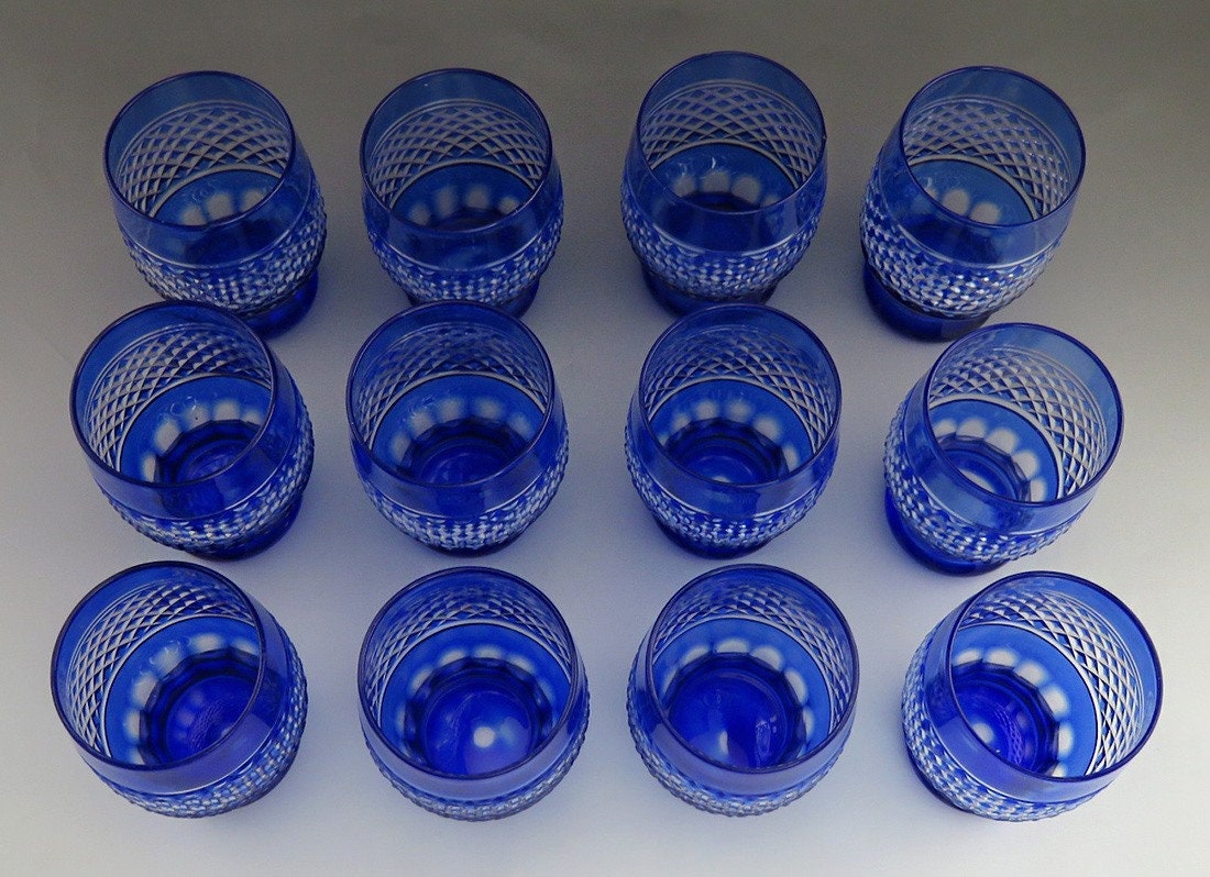 12 Antique Cobalt Blue Cut to Clear Diamond Pattern | Etsy