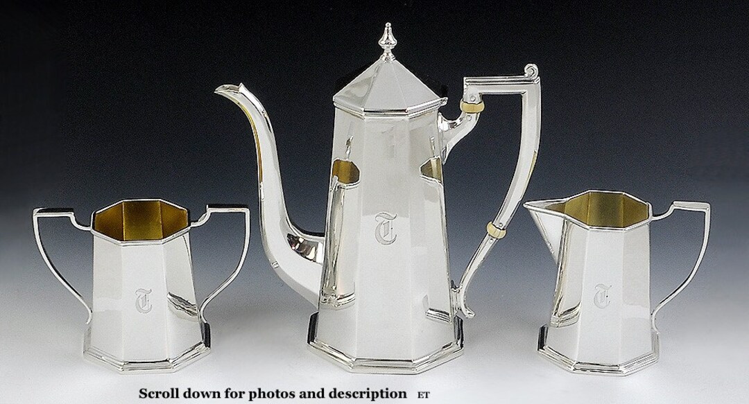 Excellent Quality 3 Pc Octagonal Sterling Silver Tea Set Black Starr ...