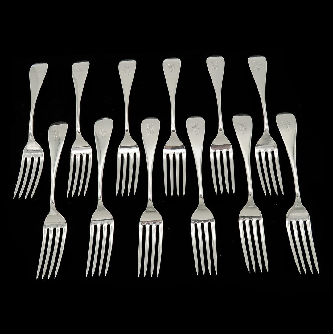 Great Set 12 Coin Silver Forks Gothic Style B Mono Fine Condition 6 7/8 ...