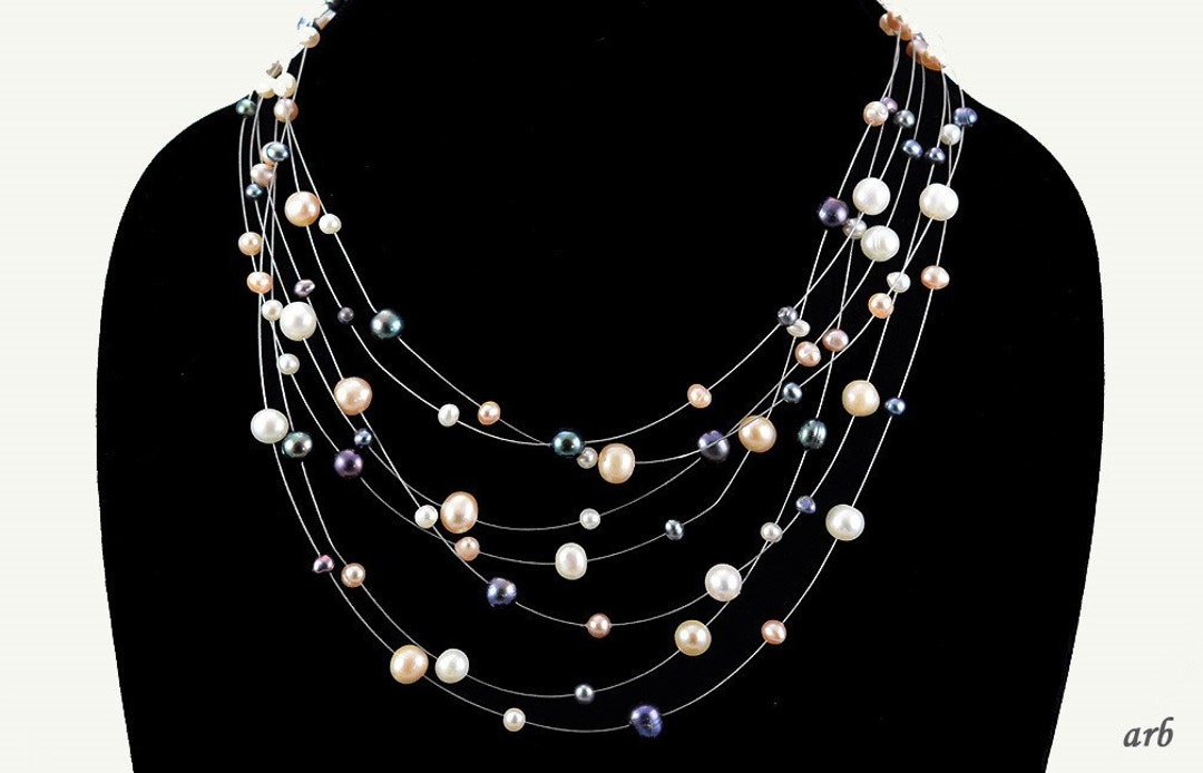 Pretty Necklace of Real Colored Pearls and Silvery Wire W/ Sterling ...