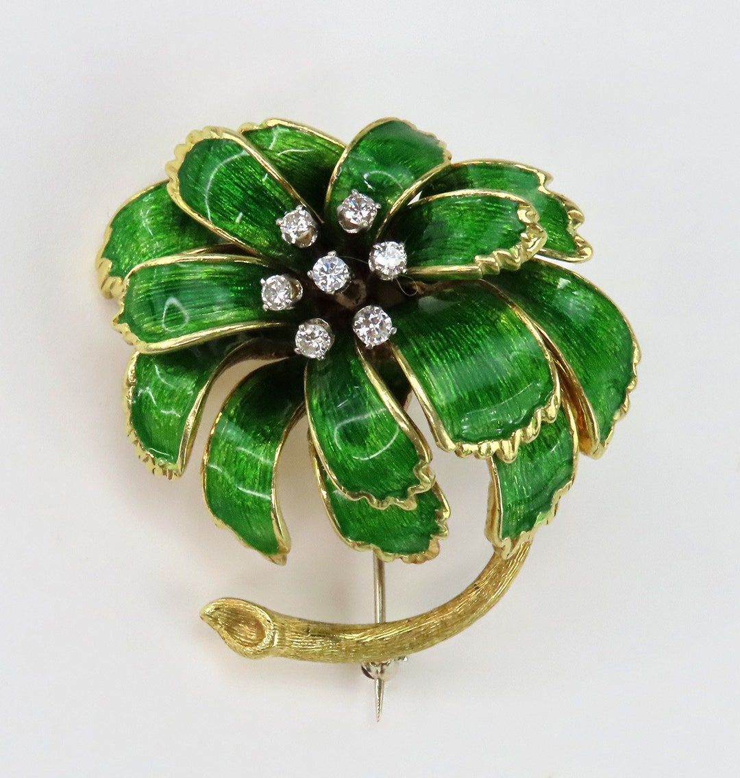 Stunning 18K Tiffany Co Green Enamel Leafy Pin Brooch 7 Diamonds - Etsy