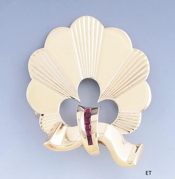 Retro Ruby Pin, Ruby Ribbon Pin, Gold Ribbon Brooch, … - Gem