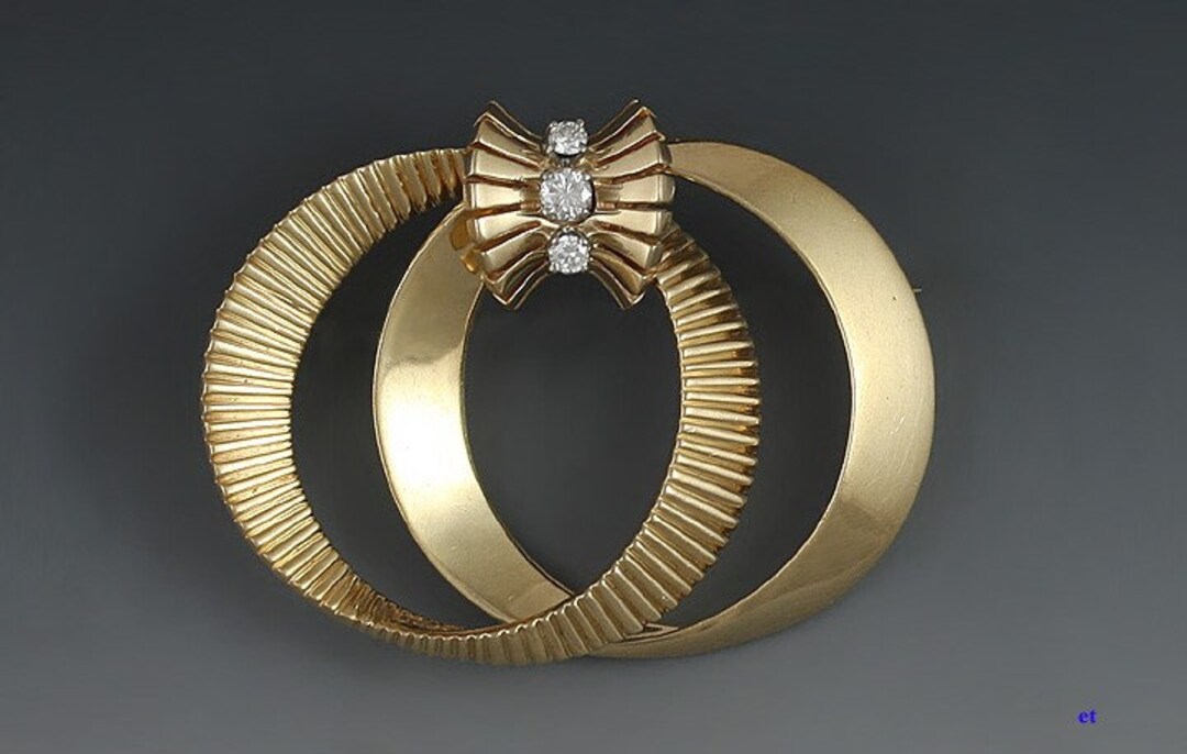 Retro 14k Yellow Gold Brilliant Diamond Double Loop Pin 1950s Brooch ...