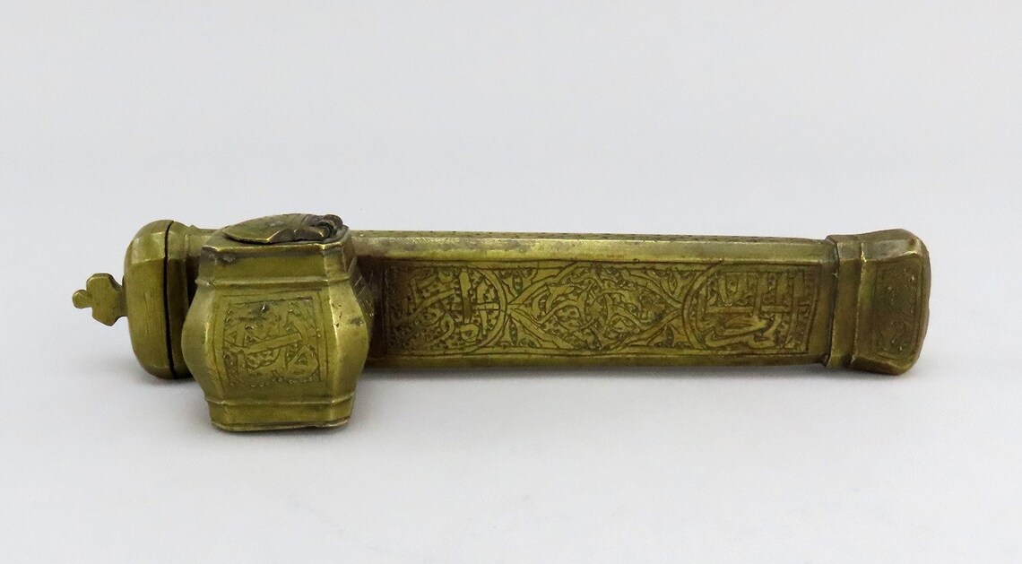 8" Antique Ottoman Turkish Traveling Scribe Brass Box Quill Pen Inkwell ...