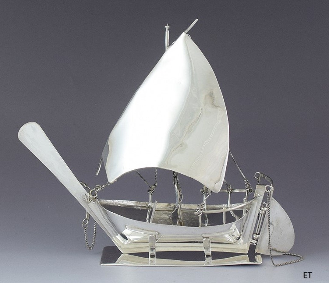 Antique Sterling Silver Model Sailing Ship Boat W/ Moving Rudder Anchor ...