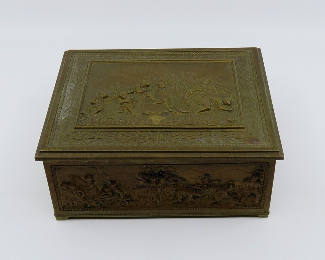 Ornate Brass Bronze Humidor Box Wooden Interior Agricultural Scenes ...