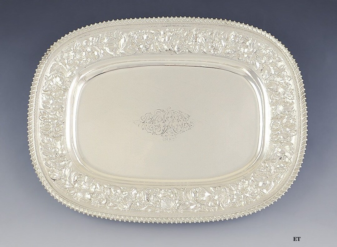 Antique 1882 Art Nouveau American Sterling Silver Repousse Tray 10.5" X ...