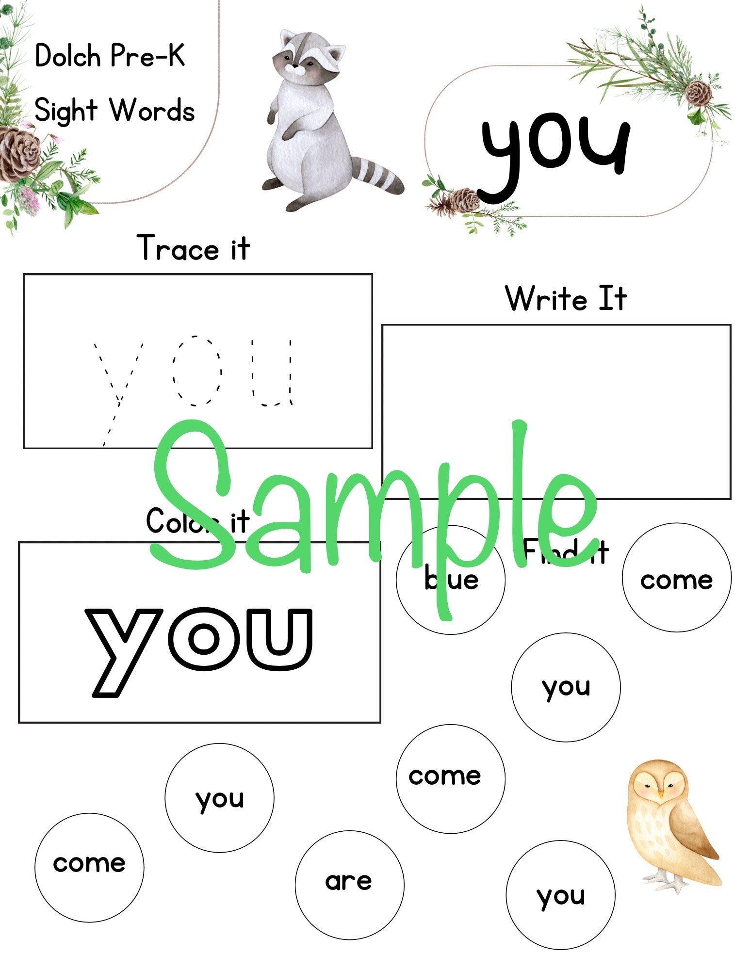 Woodland Dolch Pre-k Sight Words Worksheets Printable - Etsy