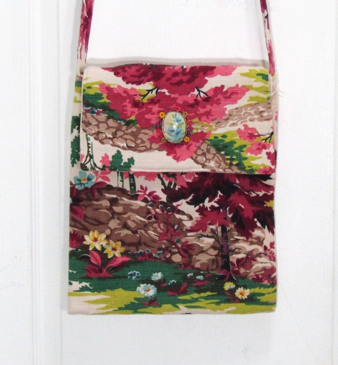 Vintage Bark Cloth Bag." Burgundy Trees" - Etsy