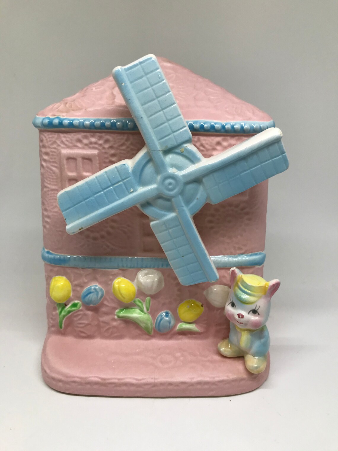 Vintage Pink Ceramic Windmill Nursery Music Box Planter | Etsy