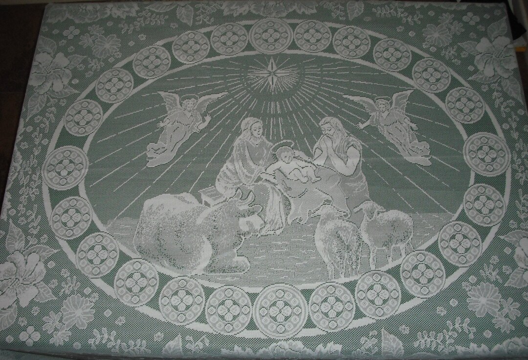 8120 T Christmas Nativity Scene and Angels off White Oval Lace ...