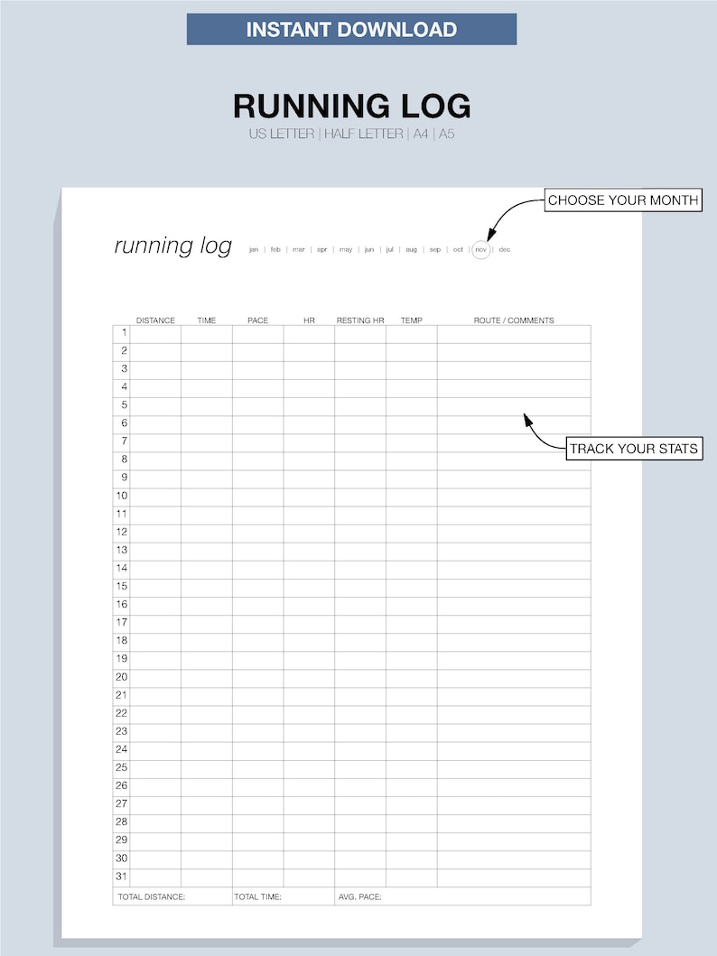 Printable Running Log - US Letter, A4, A5 - Etsy