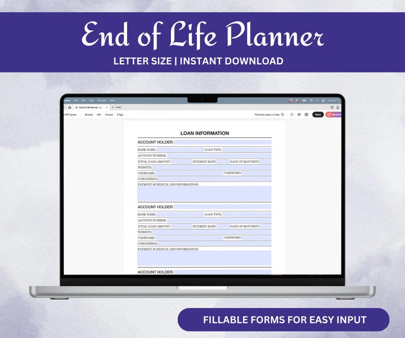 End of Life Planner – Fillable / Printable Medical, Legal and Financial ...