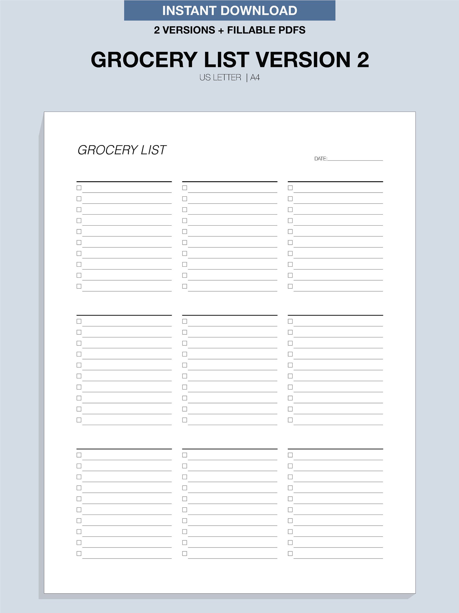 Grocery List Printable + Fillable Template, Grocery Planner, A4 and US ...