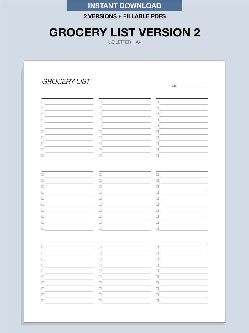 Grocery List Printable + Fillable Template, Grocery Planner, A4 and US ...