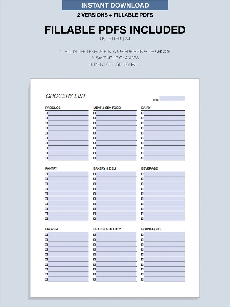 Grocery List Printable + Fillable Template, Grocery Planner, A4 and US ...