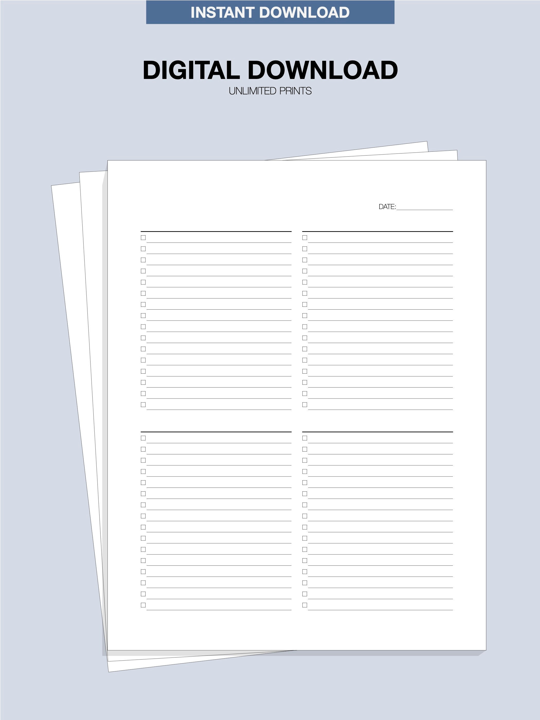 Blank Checklist Template Printable, A4/a5/letter/half, Instant Download ...