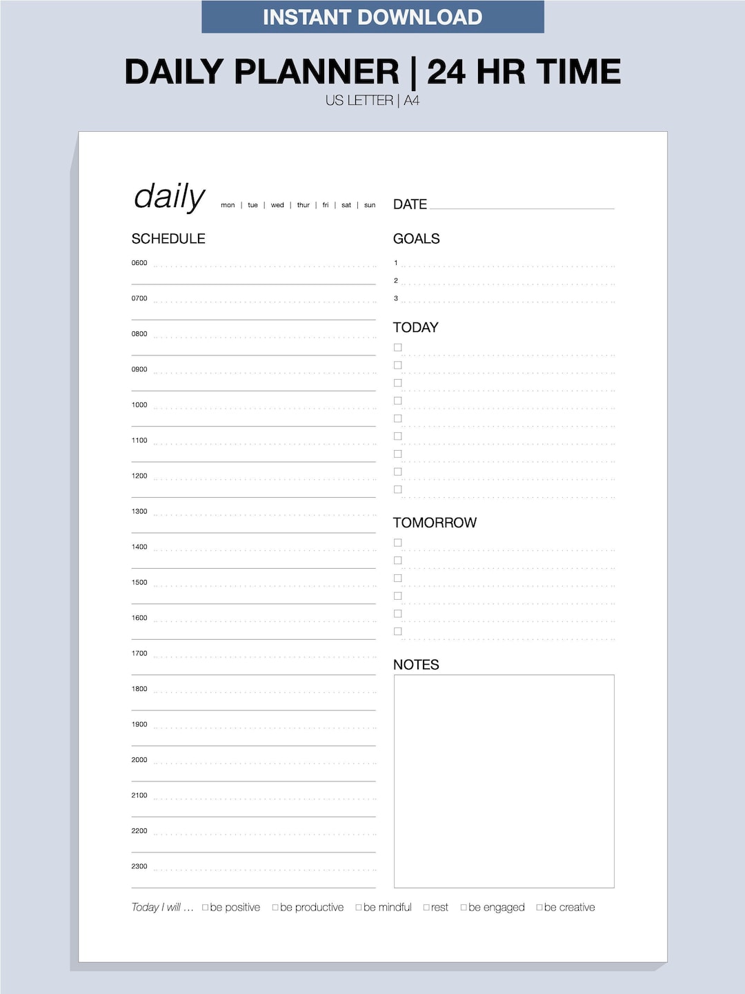 Daily Planner Printable With 24-hour Time, Military Time Plan, US ...