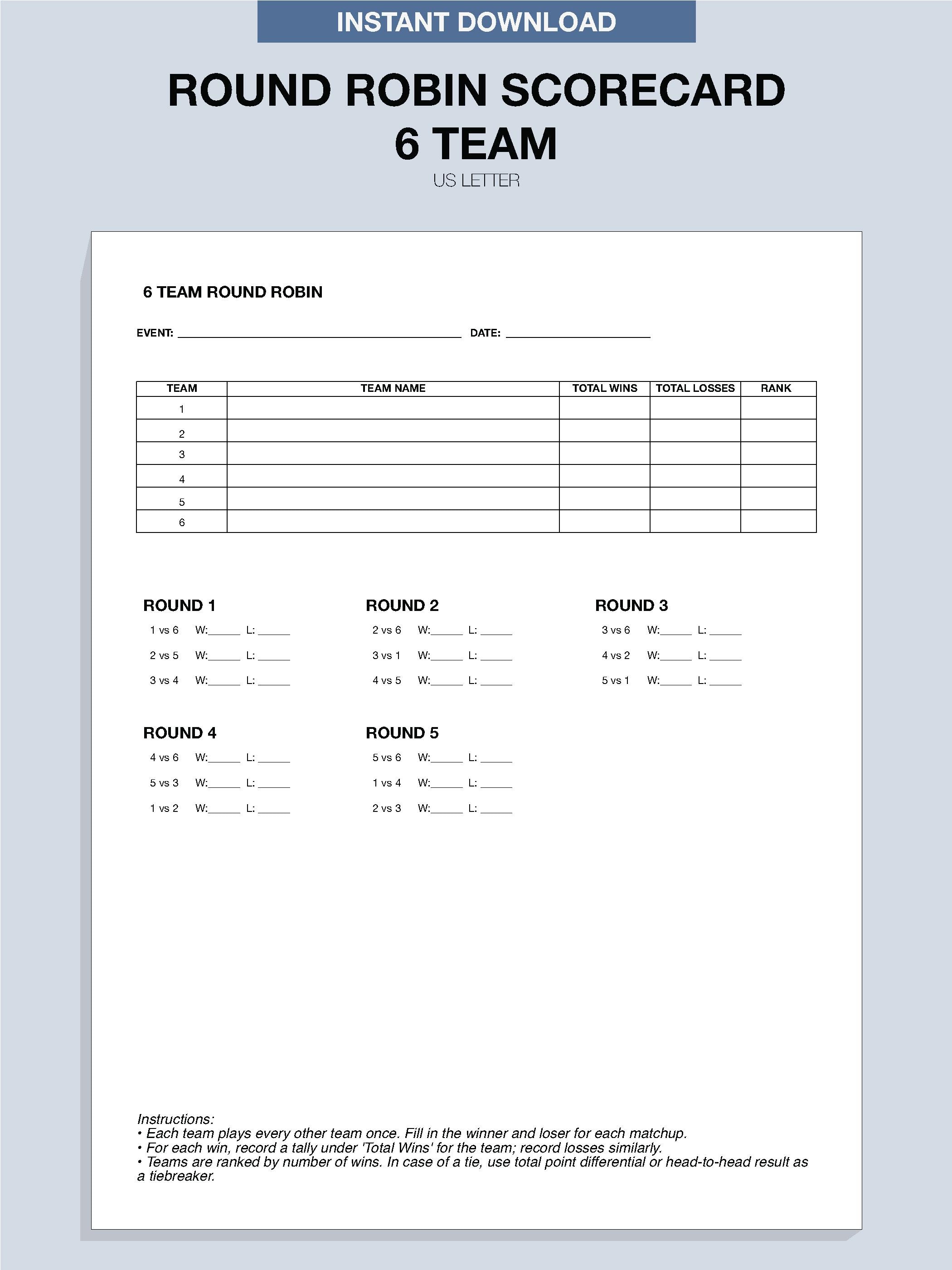 Round Robin Score Sheet Bundle, Printable (instant Download) 6-8 Teams ...